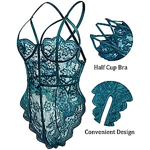 Fayenne Lingerie for Women Teddy Lingerie Floral Lace One Piece Babydoll Lingerie Deep V Bodysuit Strappy Lingerie Dark Green