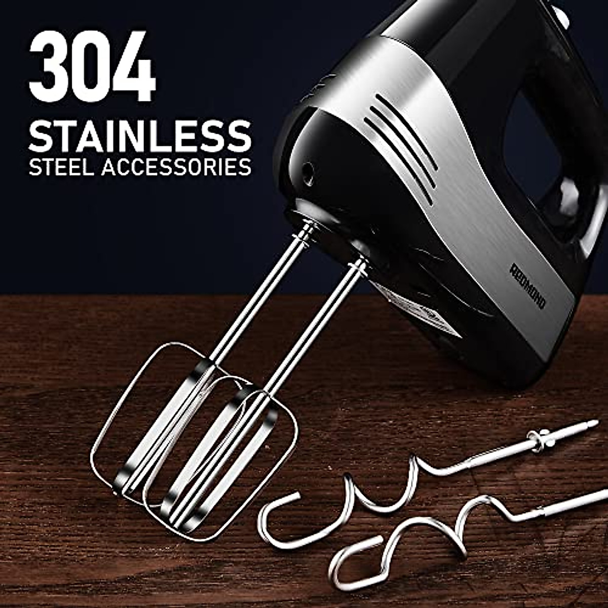 Hand Mixer Electric, REDMOND Hand Held Mixer with Turbo Function, Stainless Steel 5-Speed Kitchen Mixer for Whipping, Mixing Cookies, Cakes, and Dough Batters, Black