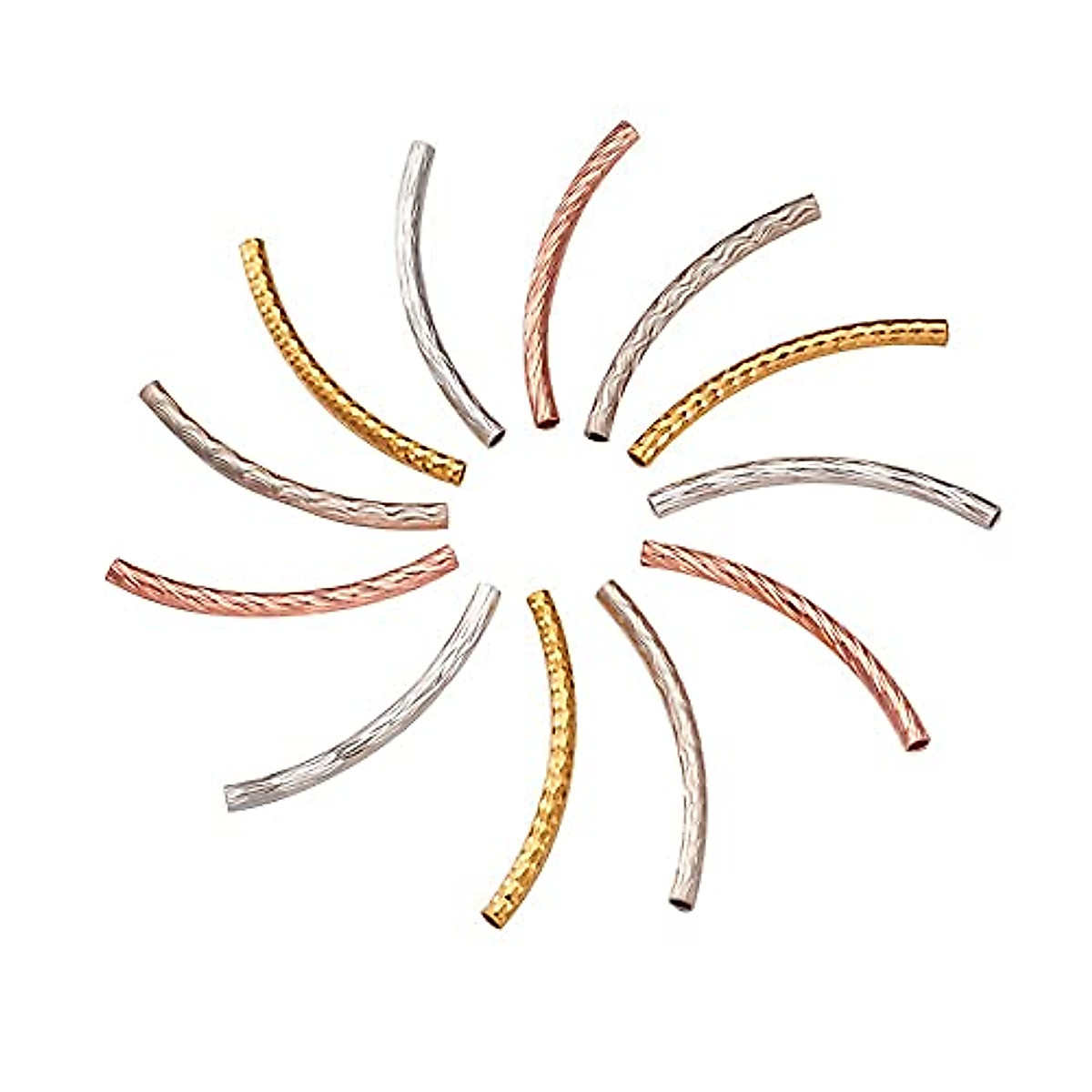 Fashewelry 200Pcs Curved Tube Long Noodle Spacer Beads 35~45mm Random Mixed Colors Carved Brass Metal Finding Beads for Jewelry Making Hole: 1.5-3mm