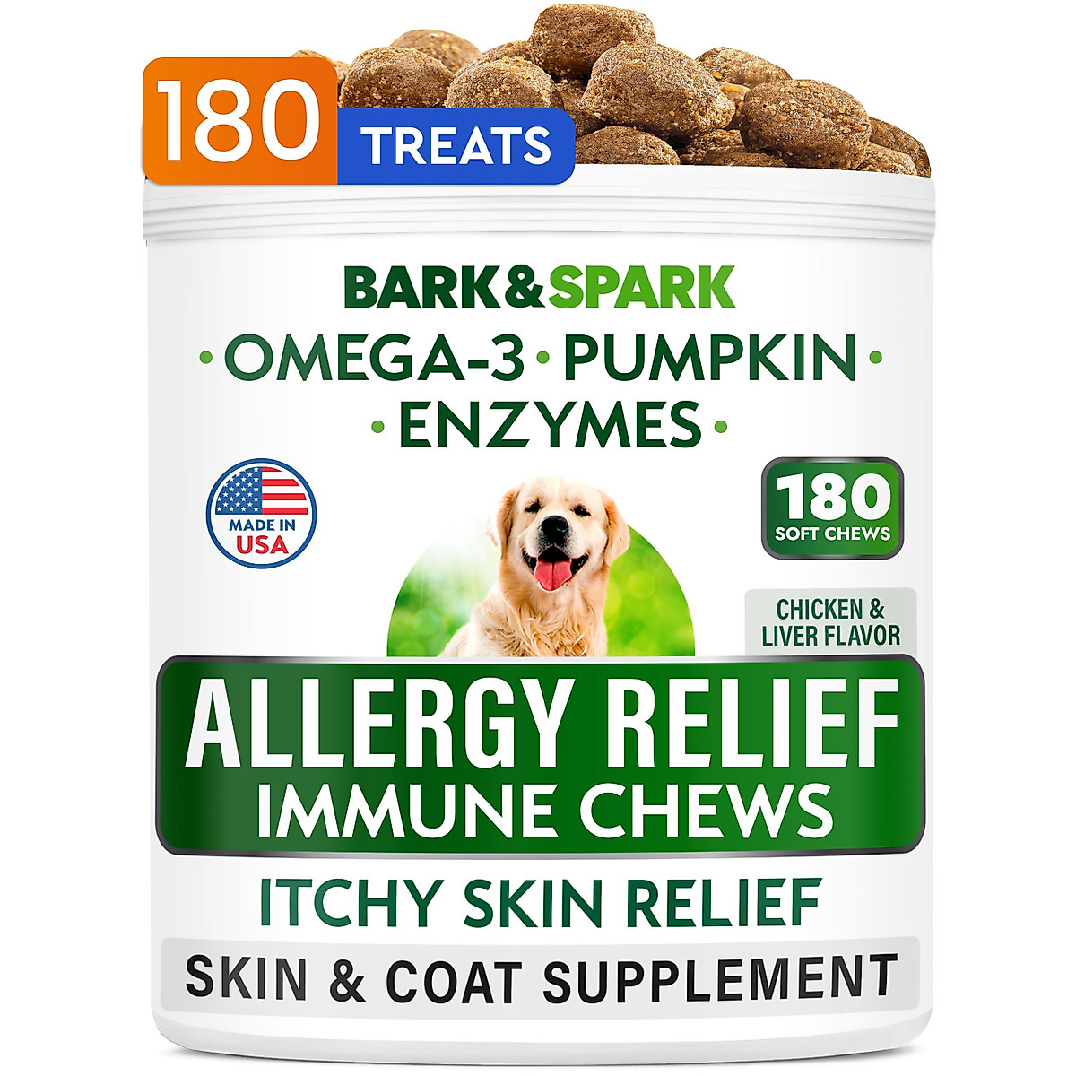 BARK&SPARK Dog Allergy Relief Chews (180 Immune Treats) - Anti-Itch Skin & Coat Supplement - Omega 3 Fish Oil - Itchy Skin Relief Treatment Pills - Itching&Paw Licking - Dry Skin & Hot Spots
