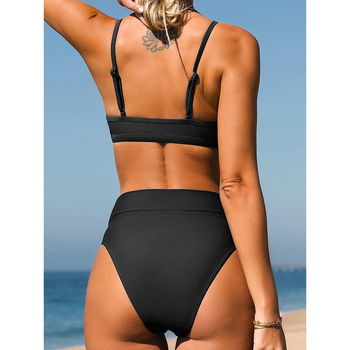 CUPSHE Bikini Set for Women Two Piece Swimsuits High Waisted Cut Out Scoop Neck V Front Bottom, L Black
