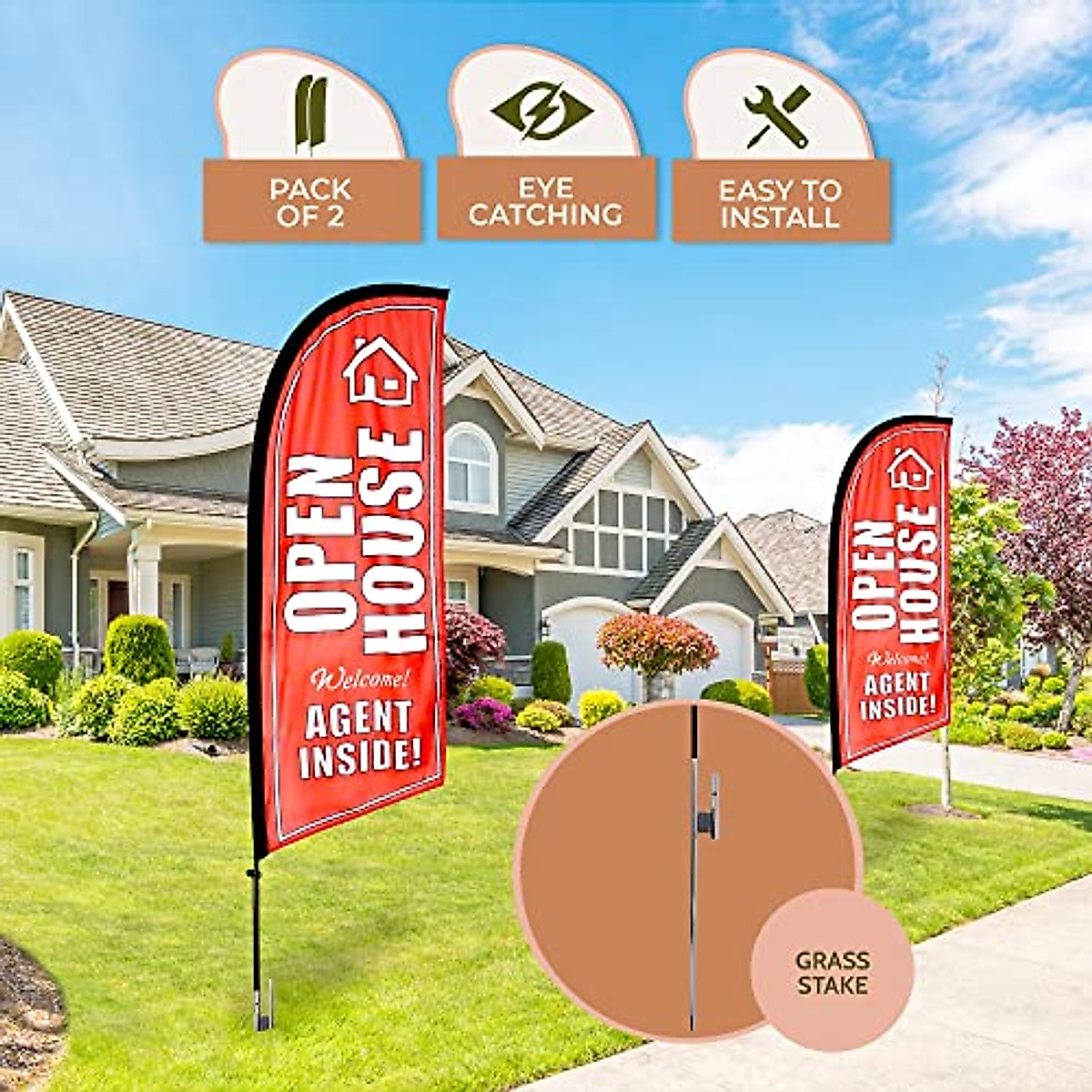 2 Pack Open House Flags Signs Banners or Real Estate Flags for Real Estate Agents or Realtors, with Pole Stake and Carrying Case