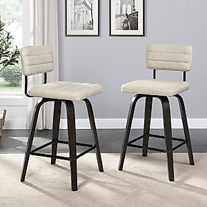 FERFALDER Swivel Bar Stools Set of 2, Counter Height, Wooden Frame, PU Leather Cushions, Beige