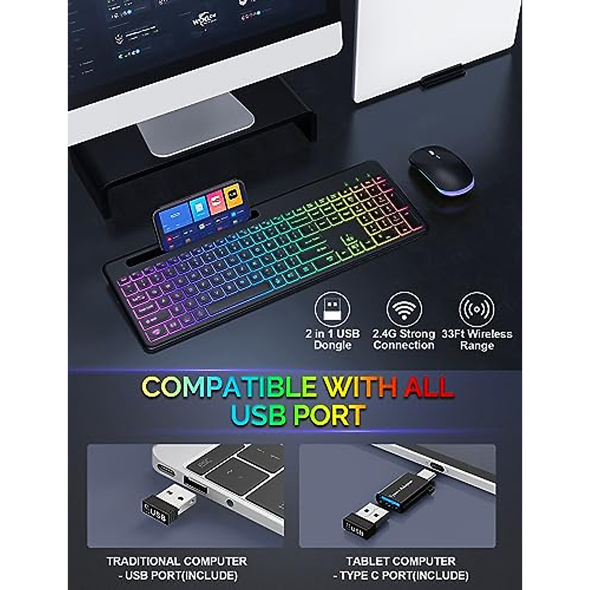 Wireless Keyboard and Mouse with 15 Backlit Effects, Rechargeable Keyboard Mouse Combo with Phone Holder, 2.4G Lag-Free, Silent Light Up Keyboard & Mouse Set for Windows, Mac, PC, Laptop -by SABLUTE