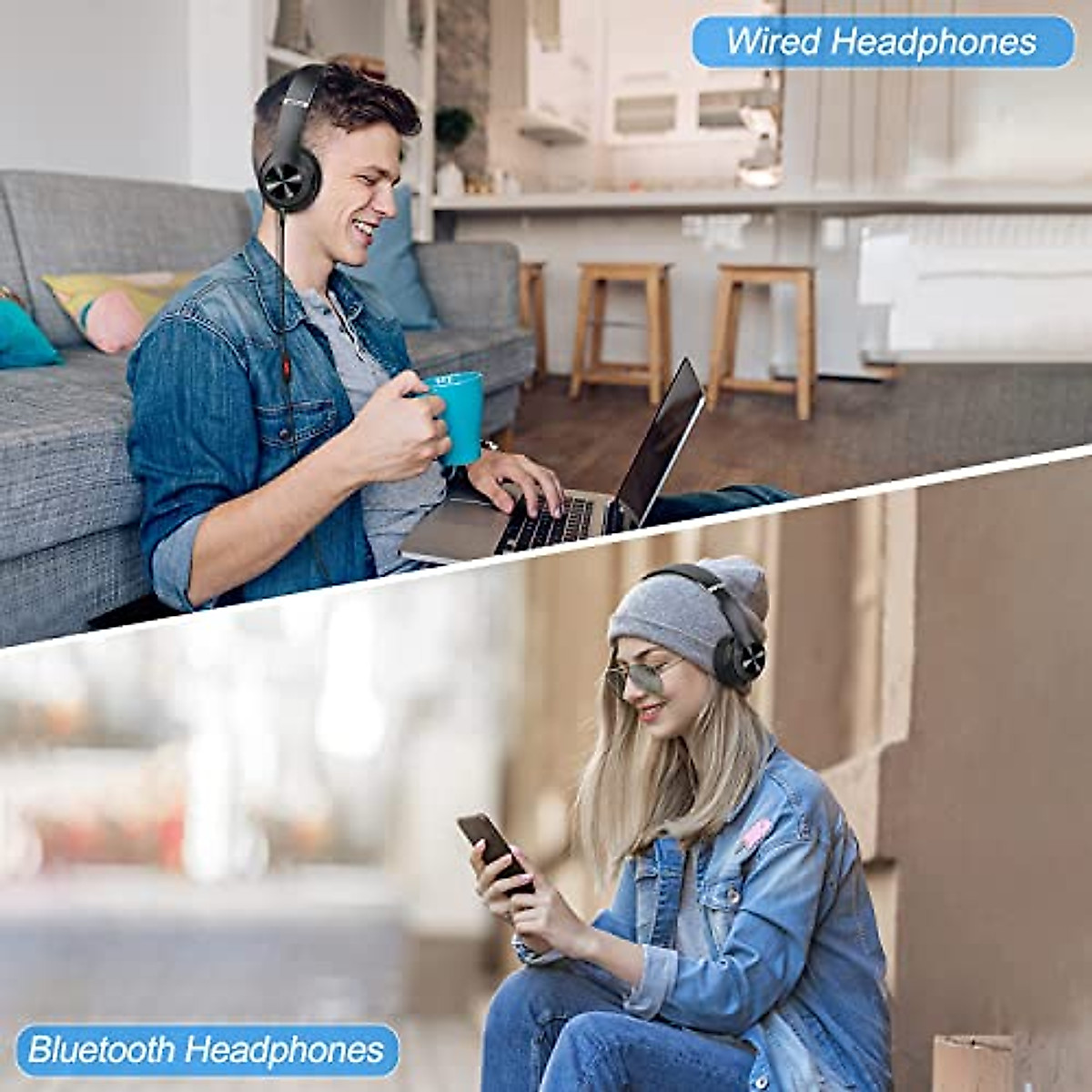 Wireless Bluetooth Headphones Over-Ear, 60H Playtime Foldable Lightweight and Wired Stereo Deep Bass Headset HiFi Stereo Sound with 6 EQ Modes, Micro SD/TF, FM, for Travel Work Laptop PC Cellphone