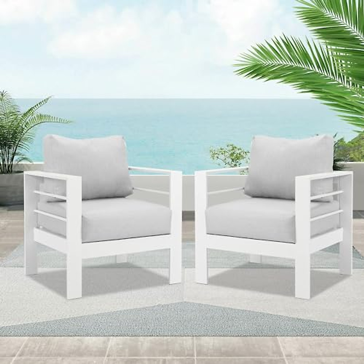 Wisteria Lane 2 Pieces Patio Furniture Aluminum Armchair, All-Weather Outdoor Single Sofa, White Metal Chair with Light Grey Cushions