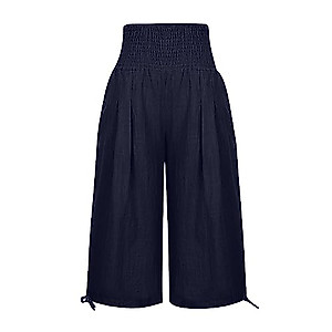 Sales Today Clearance Prime only Womens Scrub Pants Women's High Waisted Capris Solid Slacks Knee Length Casual Loose Wide Leg Capri Palazzo Pants Trousers with Pockets Dark Blue 2XL