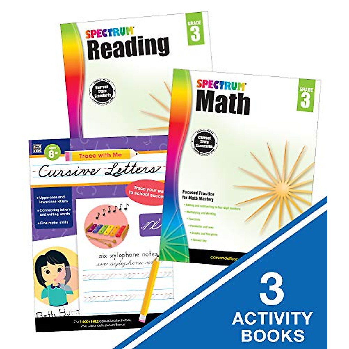 Carson Dellosa 3rd Grade Homeschool Learning Kit—Spectrum Reading and Math Workbooks, Cursive Handwriting Workbook, Division and Multiplication Flash Cards, Posters, and STEM Activities (8 pc)
