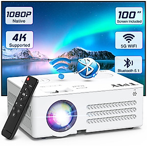 TMY Projector with WiFi and Bluetooth, Native 1080P 5G WiFi Outdoor Projector with 100" screen, 4K Supported Portable Projector, Compatible with iOS/Android/PC/TV Stick/HDMI/AV/USB, Indoor Outdoor Use