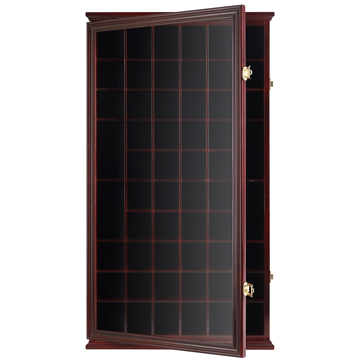 DisplayGifts Solid Wood Shot Glass Shooter Display Case Holder Cabinet Wall Rack Hinged Glass Door 56 Slot Cherry Finish