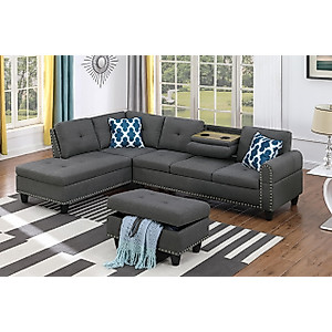 FANYE L-Shaped Sectional Sofa with Right Chaise & Nailhead Decor,Modern Faux Leather Tufted Upholstered Corner Sofa&Couch W/Cup Holders and Storage Ottoman for Home Apartment Office Living Room