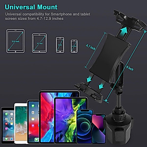 Car Cup Holder Tablet Mount & Phone Cradle Stand Truck for iPad Pro 11/12.9 Air Mini 6/5/4, Samsung Galaxy Tabs, iPhone 16/15/Pro/Pro Max, 4.7"-12.9" Smartphone Tab, Adjustable Long Arm, 360º Rotating