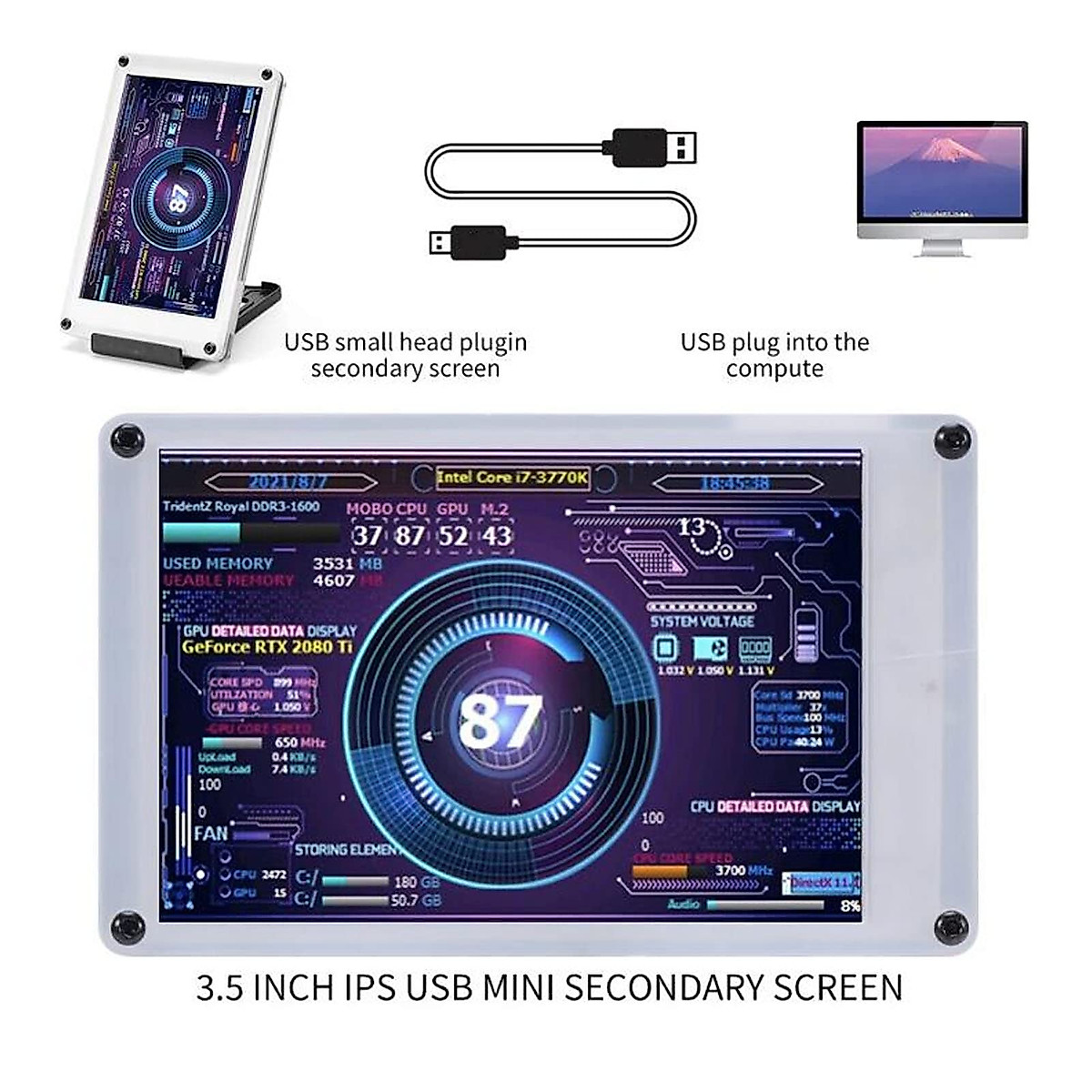 GOWENIC AIDA64 PC CPU RAM HDD Data Monitor, 3.5in Computer Temp Monitor, PC Sensor Panel Display for PC ARGB Computer Case Secondary Screen, for RasPi, Linux, System