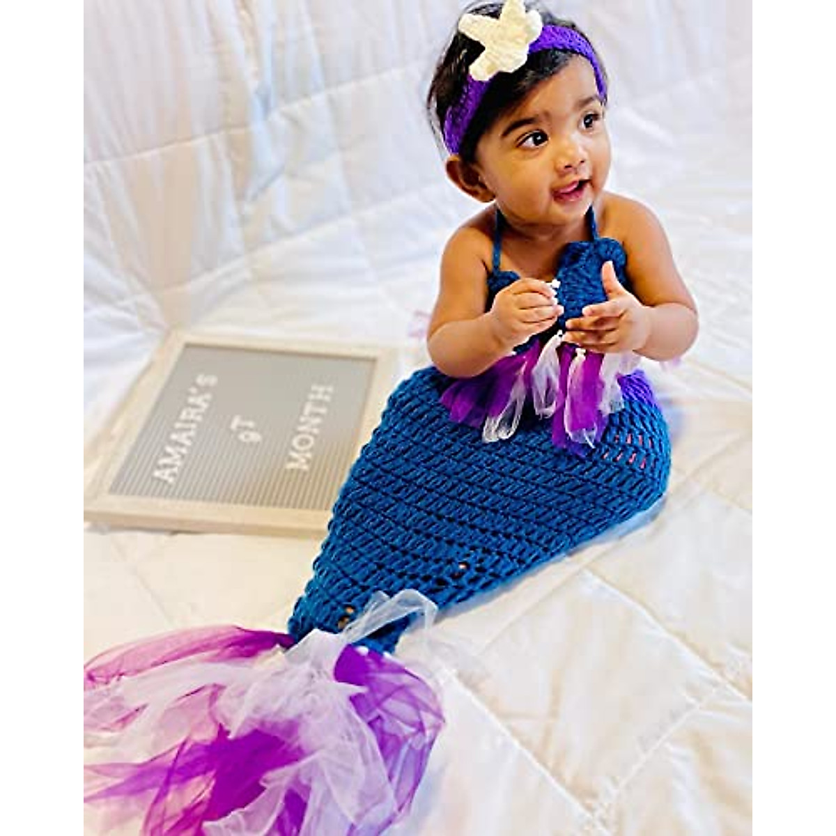 M&G House Newborn Photography Prop Outfits Girl Mermaid Tail Baby Photo Props Mermaid Outfit Crochet Knitted Mermaid Costume Baby Photoshoot Props Halloween Costume Photography Props(Purple&Royalblue)