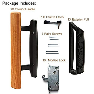 Sliding Glass Patio Door Handle Set Oak Wood Interior Handle and Exterior Pull in White Diecast Finish+Mortise Lock 45° Keyway Fits 3-15/16” Screw Hole Spacing, Non-keyed with Latch Locks