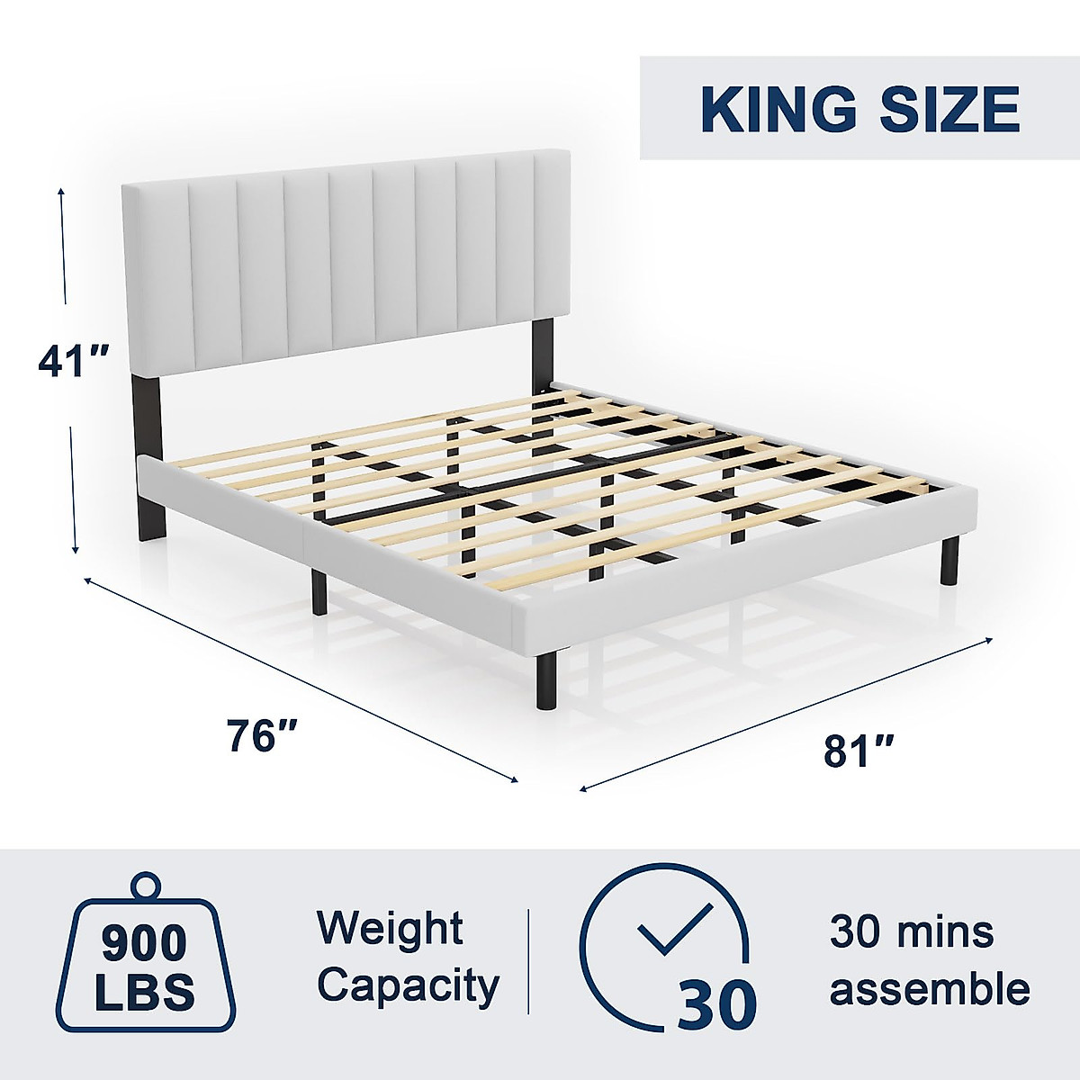 Molblly King Size Bed Frame Upholstered Platform with Headboard and Strong Wooden Slats,Mattress Foundation,Non-Slip,No Box Spring Needed, Easy Assembly, White