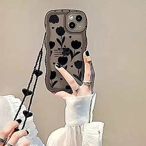 for iPhone 13 Pro Max Case Cute Clear Flower Design with Heart Bead Bracelet Strap Chain,Kawaii Soft TPU Shockproof Girly Phone Case with Camera Protection for iPhone 13 Pro Max for Women Girls Black