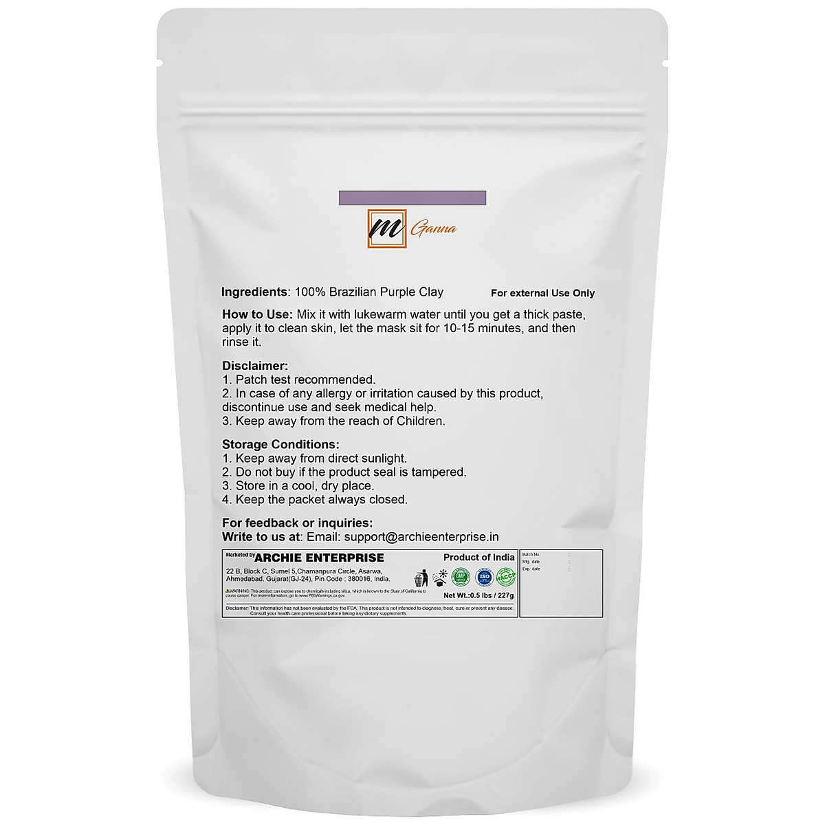 mGanna 100% Natural Brazilian Purple Clay Powder for Face packs, Creams and Soaps and other Cosmetic Formulations 0.5 lbs / 227 gms