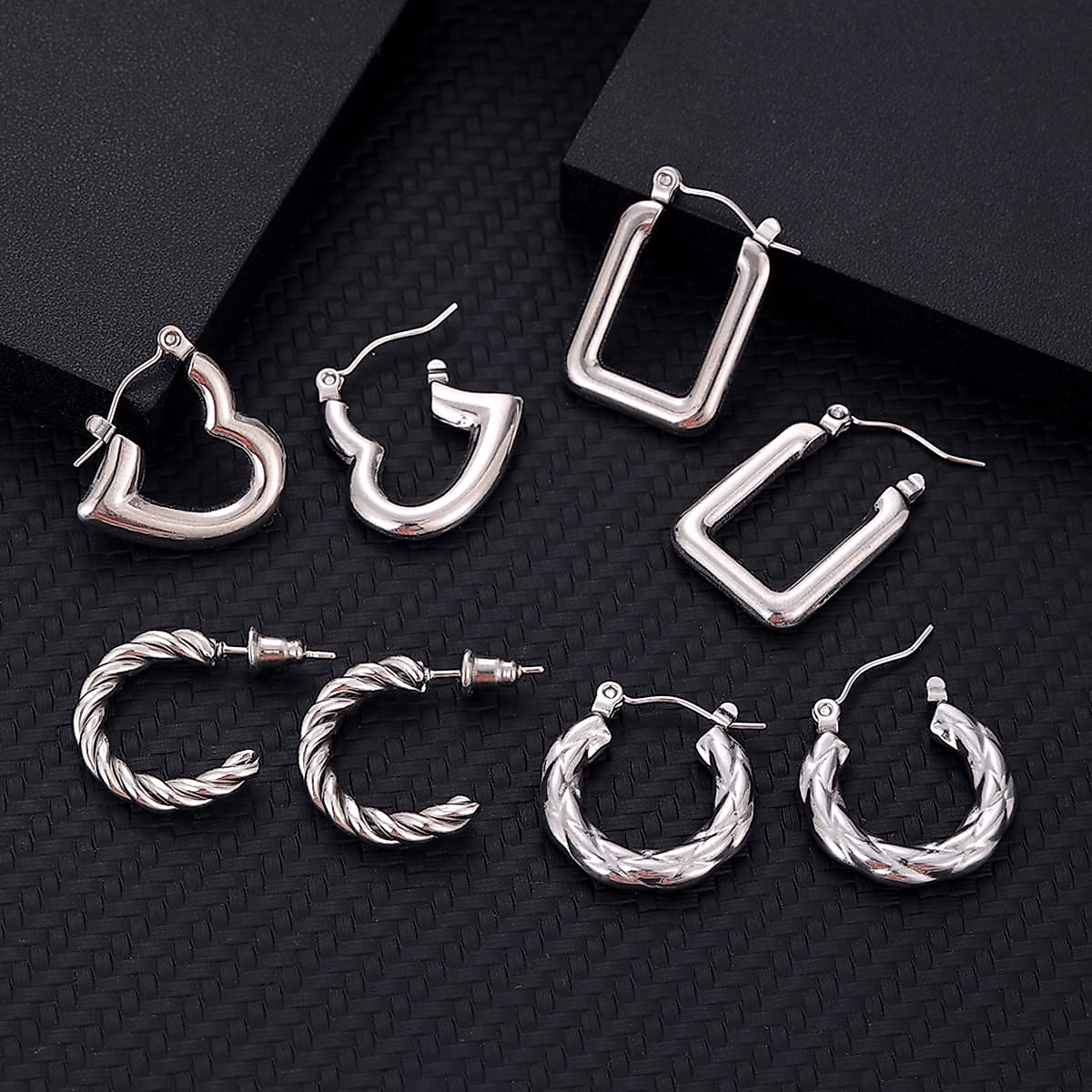 Jannisa Women's 8 Pairs Hypoallergenic Stainless Steel Chunky Silver Hoop Earrings Set, Gold Earrings for Women, Trendy Jewelry Earrings for Daily Wear