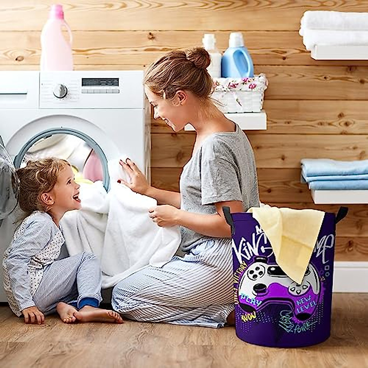 LynaRei Laundry Hamper Cool Game Joystick Small Dirty Clothes Storage Basket Purple Game Doodle Collapsible Waterproof Toy Organizer for Boys And Girls Bedrooms, Bathroom
