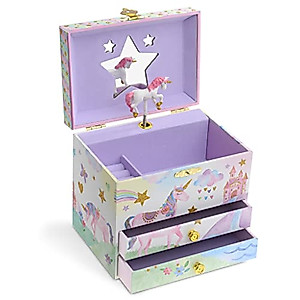 Jewelkeeper Musical Jewelry Box with 2 Pullout Drawers, Glitter Rainbow and Stars Unicorn Design, The Beautiful Dreamer Tune