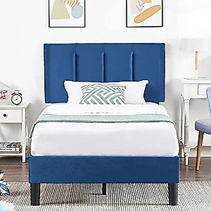 VECELO Twin Size Bed Frame, Upholstered Platform Bedframe, Adjustable Headboard, Wood Slat Support, No Box Spring Needed, Easy Assembly, Blue