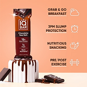 IQBAR Brain and Body Plant Protein Bars - Chocolate Sea Salt - 12-Count Low Carb - Gluten Free, High Fiber, Vegan Snacks - Low Sugar Meal Replacement