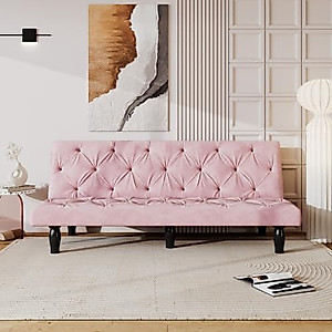 Anwickmak Velvet Convertible Futon Sofa Bed, Mid Century Green Fabric Couch, Sleeper Loveseat with Golden Metal Legs, Couches for Small Spaces (Pink)