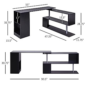 HOMCOM 55" 360° Rotating Corner Computer Desk Modern L-Shaped Home Office Workstation with 3-Tier Storage Shelves, Bookshelf, Black