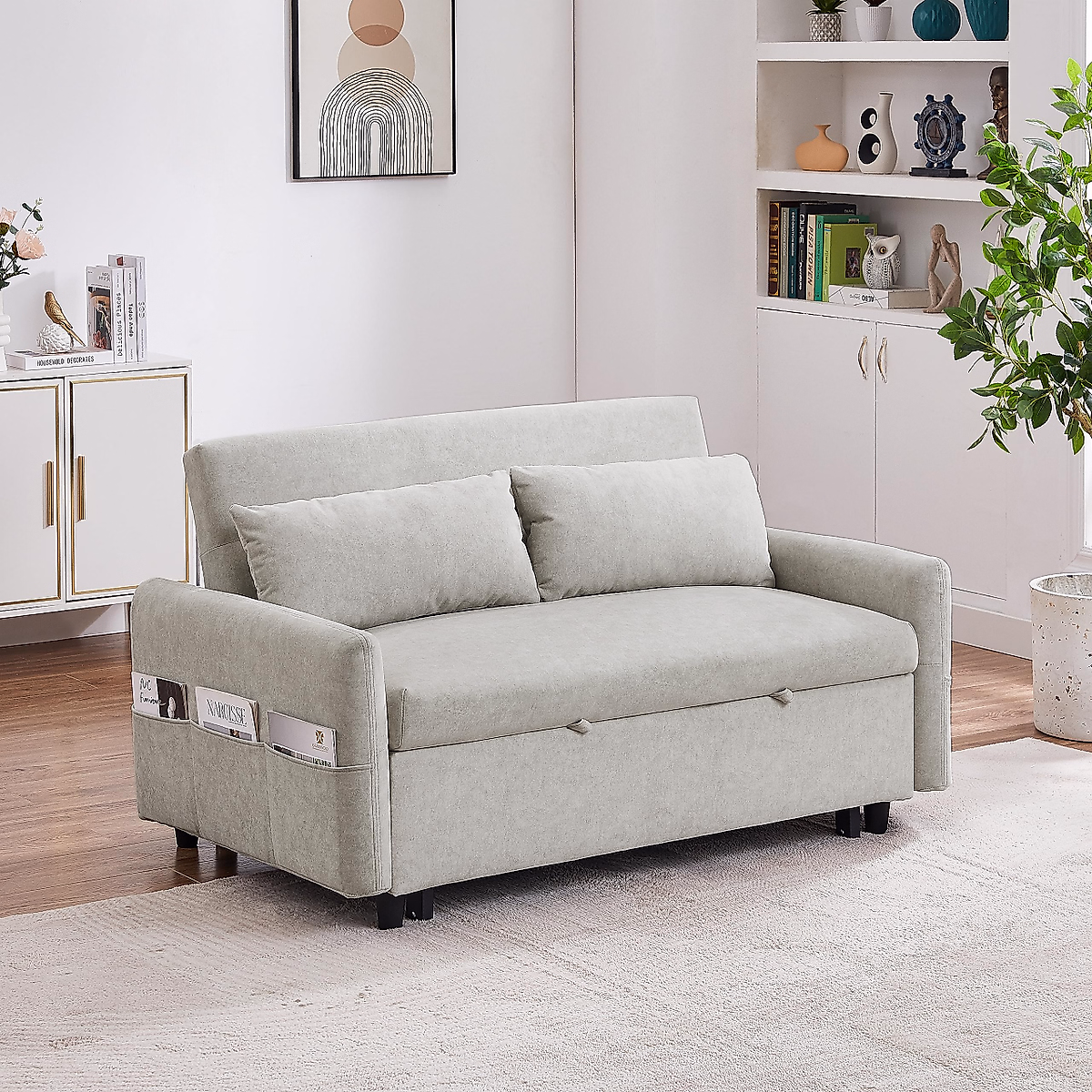 HABITRIO Modern 55.1" Pull Out Sleep Sofa Bed 2 Seater Loveseats Sofa Couch with Adjsutable Backrest,Multifunctional Small Sofa Bed with 2 Pillows for Apartment Office Living Room