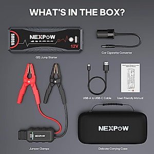 NEXPOW Car Jump Starter,Car Battery Jump Starter Pack 5000A Peak Q12 for All Gas and Up to10.0L Diesel Engine 12V Auto Battery Booster,Jumper Cables,Portable Lithium Jump Box with LED Light/USB QC3.0