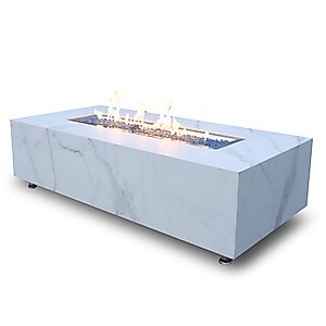 ELEMENTI Outdoor Fire Table 45,000 BTUs Natural Gas Firepit Patio Coffee Table Furniture, Backyard Fireplace Marble Porcelain Rectangle Fire Pit, 17Inch-High (White)