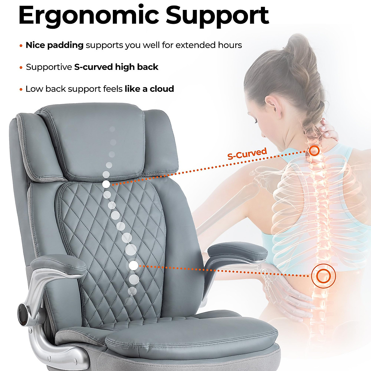 HOMYEDAMIC High Back Office Chair with Adjustable Arms, PU Leather Computer Executive Chairs Big Tall Swivel Ergonomic Adjustable Tilt Angle, Thick Seat 7012-Grey