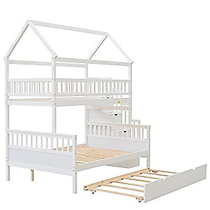 POCIYIHOME Twin Over Full Bunk Bed with Two Drawers and Staircase, Down Bed can be Converted into Daybed, Can Split The Single Bunk into Two Beds, for Kids,Teens Bedroom, No Box Spring Need, White