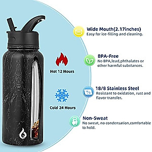 BJPKPK Insulated Water Bottles with Straw Lid, 32oz Metal Large Water Bottle with 3 Lids, Reusable Leak Proof BPA Free Thermos, Stainless Steel Canteen Water Bottle for Sports, Gym & Travel-Midnight