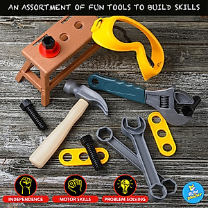Play Brainy Pretend Kids Tool Kit with Toolbox, Heavy-Duty Plastic Electric Drill, Wrenches, Hammer, Screws, and Faux Wood Toys, Educational Early Learning Building and Construction (23 Pcs)