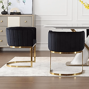 LZAREAL Upholstered Comfy Dining Chairs Set of 2 Kitchen and Dining Room Chairs with Arms Mid Century Modern Dining Chair with Gold Metal Legs for Dining Room Restaurant Cafe Living Room, Velvet Black
