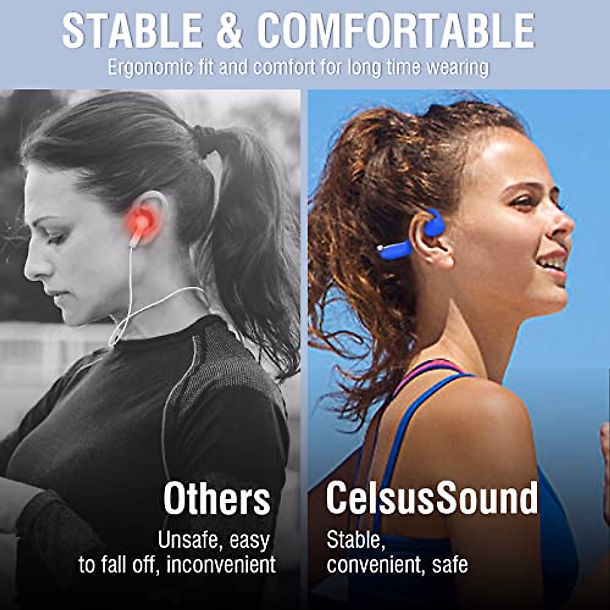 CelsusSound Bone Conduction Headphones with Noise-Canceling MIC, Bluetooth Waterproof Sport Headphone, Open Ear Stereo Headphones up to 10H of Music and Calls, Wireless Headset for Running and Workout