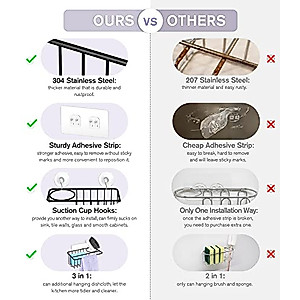 VIS'V 3 in 1 Sink Caddy Sponge Holder, 304 Stainless Steel Adhesive Kitchen Sink Basket Sponge Holder Brush Holder Dishcloth Hanger Kitchen Sink Accessories Organizer Rack with 2 Suction Cups - Black