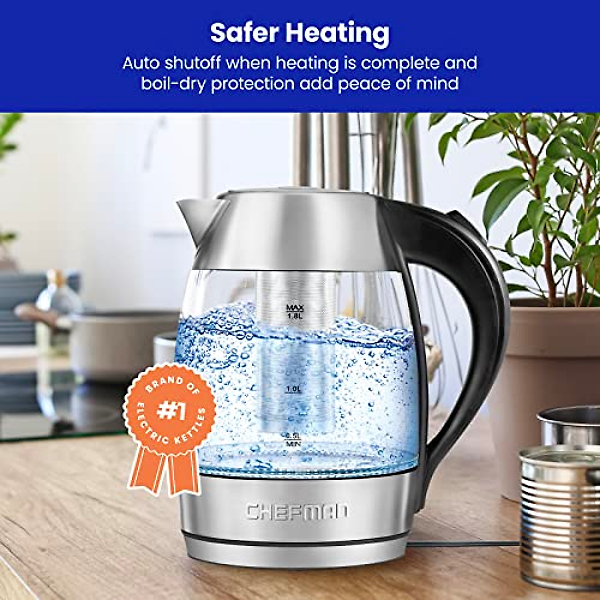 Chefman Electric Glass Kettle, Fast Boiling W/ LED Lights, Auto Shutoff & Boil Dry Protection, Cordless Pouring, BPA Free, Removable Tea Infuser, 1.8 Liters