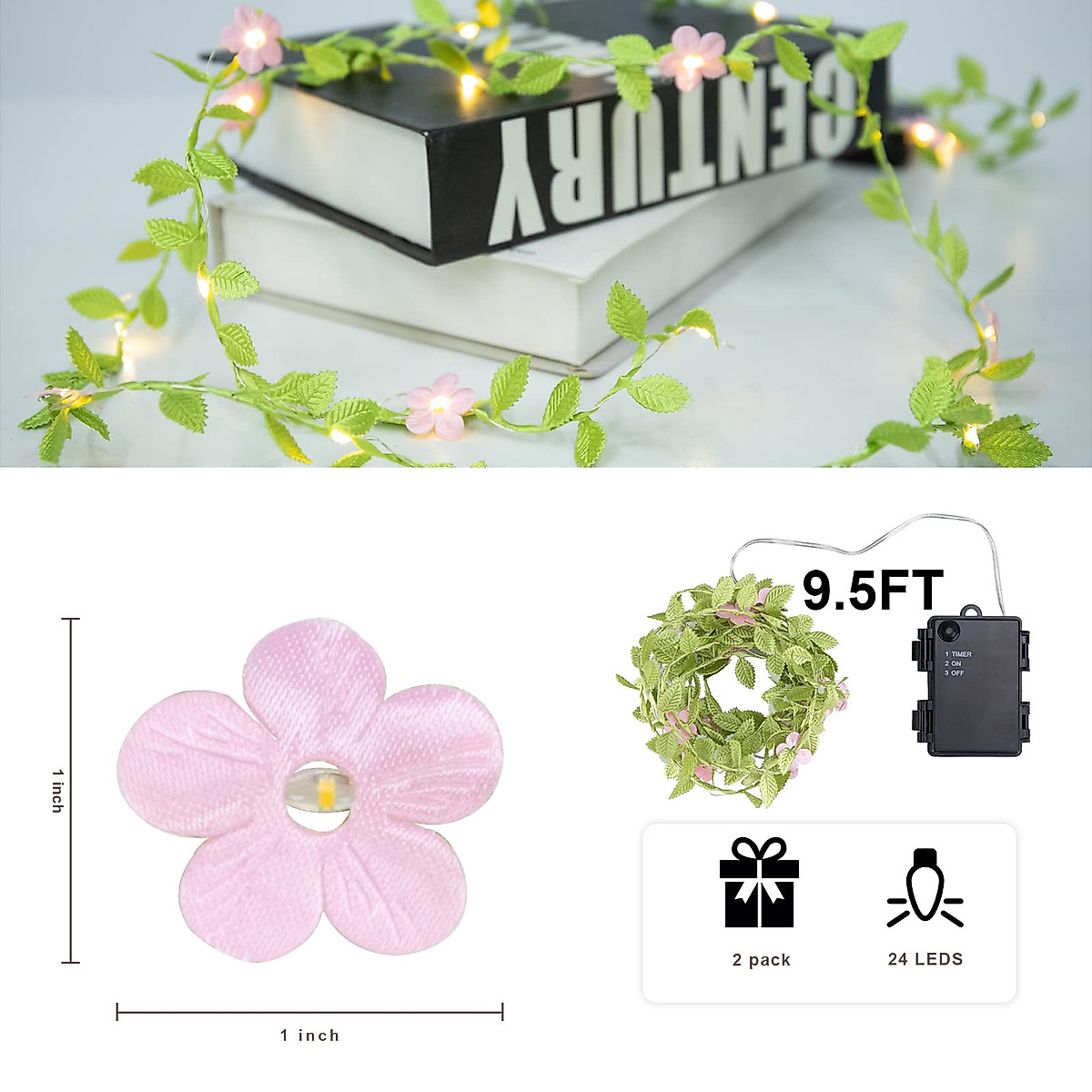 Vigdur 2 Packs Vine Lights - Tiny Leaf Ivy String Lights with 48 Cherry Blossom Lights Battery Powered Waterproof Fairy Light Indoor Outdoor for Bedroom Party Garden Wall Décor St. Patrick's Day