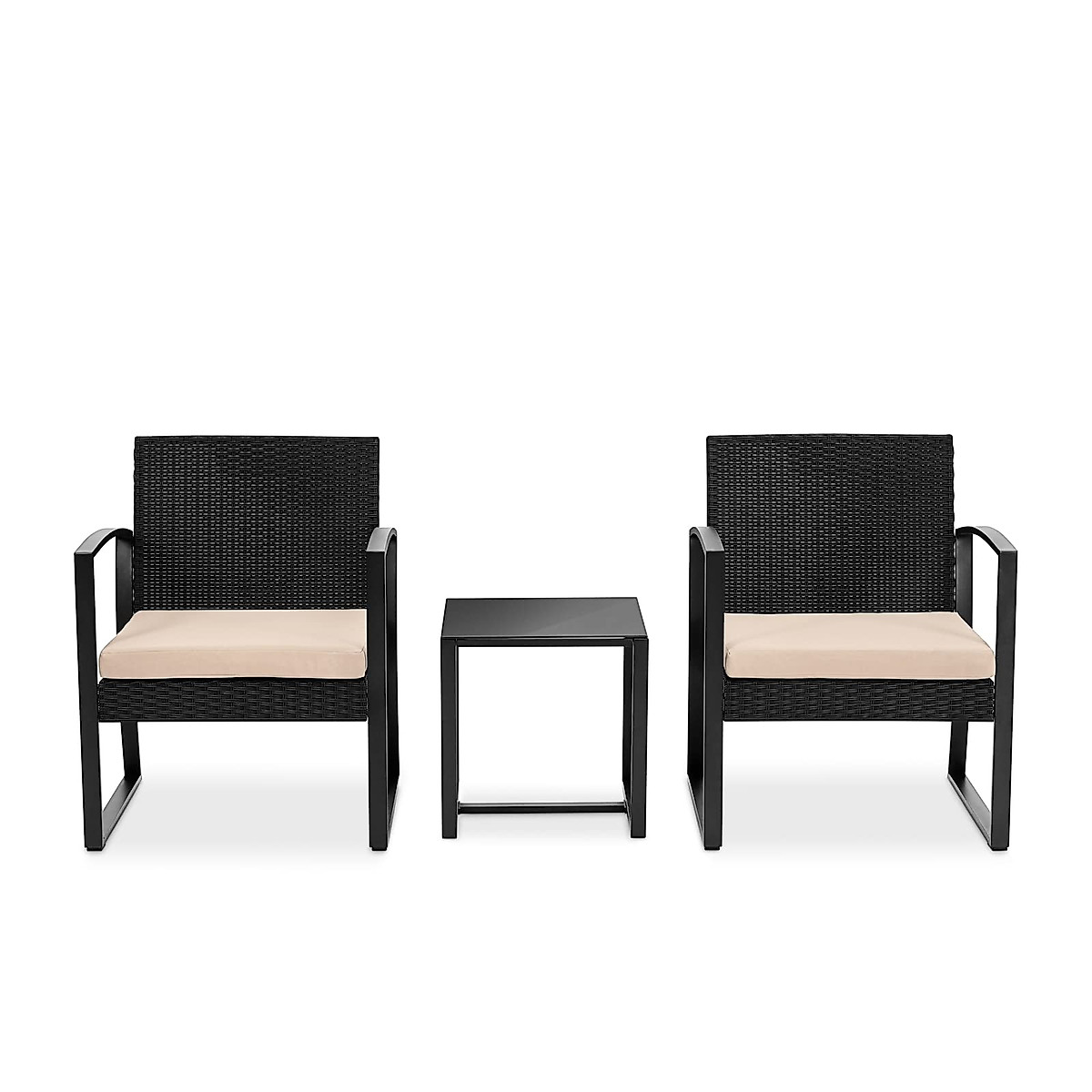 Patio Outdoor Rattan Furniture Set, 3 Pcs. Per Set - Includes 2 Single Chairs with Soft Cushion and 1 Glass-top Coffee Table, Black Weather-Resistant Resin Wicker Rattan