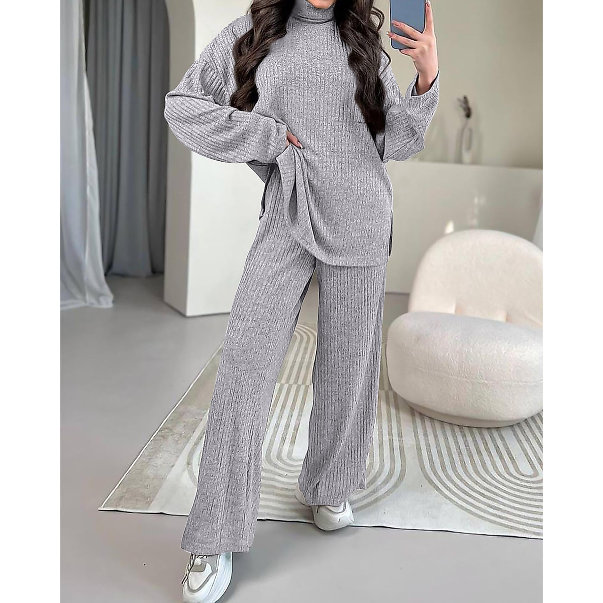 KIRUNDO Track Suits For Women Set Lounge Set Casual Long Sleeve Knitted Tops Long Pants Sweat Set Trendy Fall Clothes Casual Outfits(Grey, Small)