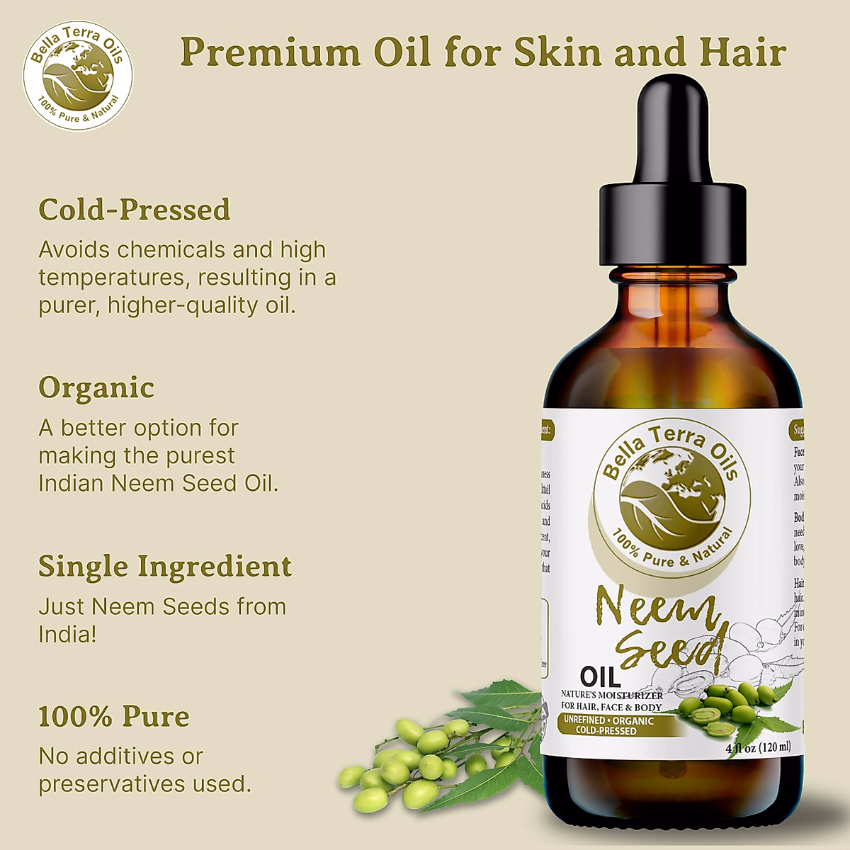 Bella Terra Oils - Organic Neem Seed Oil 4oz - Immerse in the Benefits of Organic Neem, Enriched with Amino Acids & Omega-6, Nourishing Skin Treat