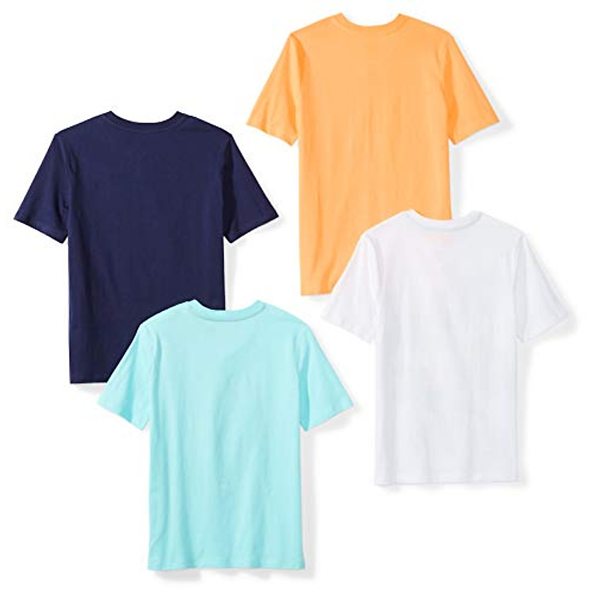 Amazon Essentials Boys' Short-Sleeve V-Neck T-Shirt Tops (Previously Spotted Zebra), Pack of 4, Navy/Blue/White, Dinosaur, Medium