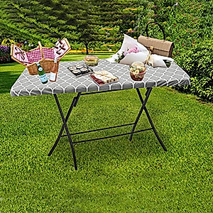 Vinyl Fitted Tablecloth for 6 ft Rectangle Table, Gray Moroccan Design, Waterproof Elastic Table Cover with Flannel Backed Lining, Fits 30"x72" Folding Table, for Outdoor Picnics/Travel/Holiday/Party