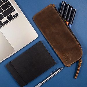 Leather Worx, Full Grain Leather Flat Pencil Pouch, Curved Pen and Marker Case for Men and Women, Zippered Bag for Work & Artists Accessories, Bourbon Brown