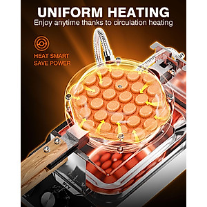PYY Bubble Waffle Maker - Commercial Egg Puff Waffle Iron Machine, 1500W 122-482℉ Electric Stainless Steel Hong Kong, 30 Egg Cones | 180° Rotating| Black Non-stick Coating | Crumb Tray | Wooden Handle
