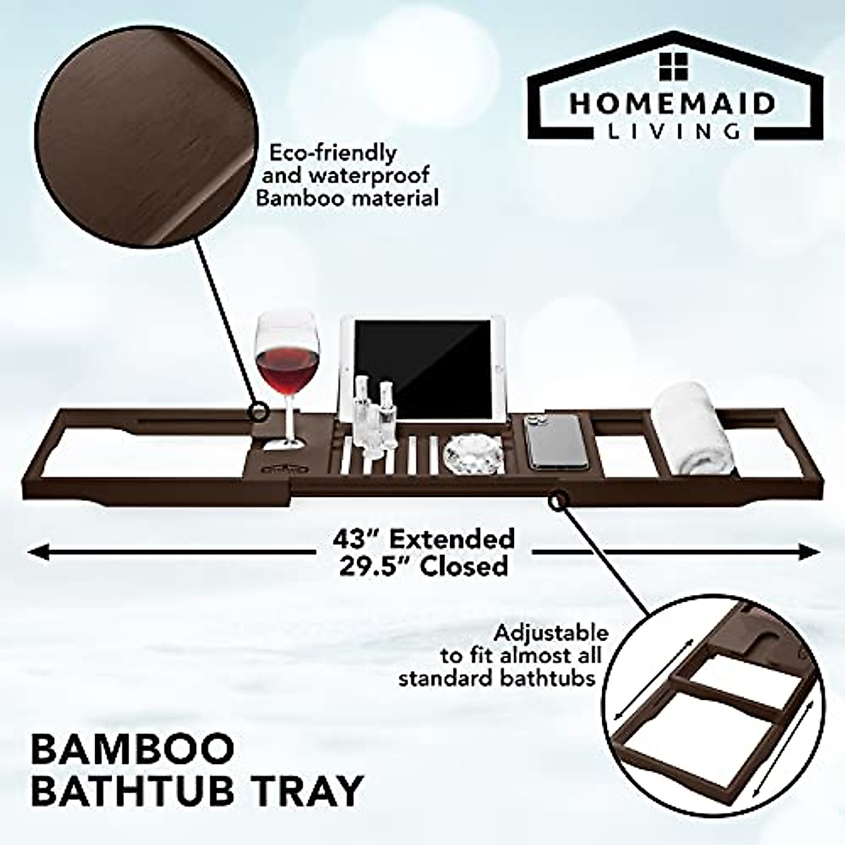 Homemaid Living Luxury Bamboo Bath Tray for Bathtub - Expandable Bathroom Tray with Reading Rack or Tablet Holder, Premium Bath Tray with Wine Glass Holder, Bathroom Caddy, Fits All Bathtubs (Brown)