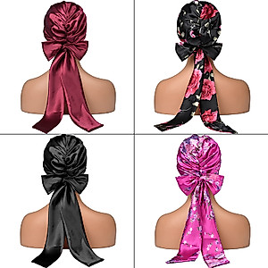 4 Pieces Soft Satin Head Scarf Sleeping Cap Turbans Head Cover Bonnet Head Wear for Women (Set 4)